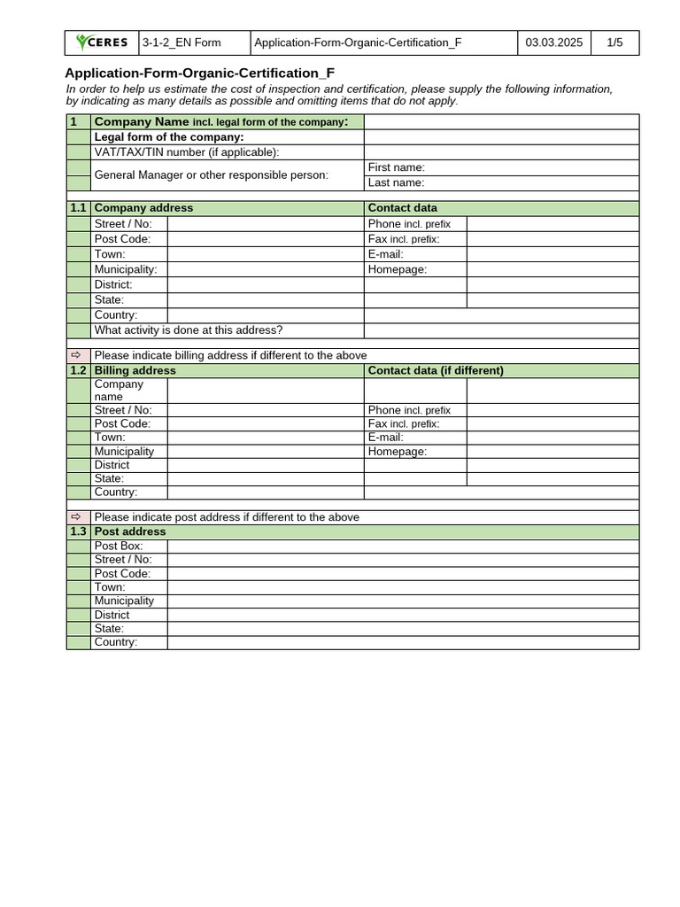 3 1 2 - EN - Application Form Organic Certification - F | PDF