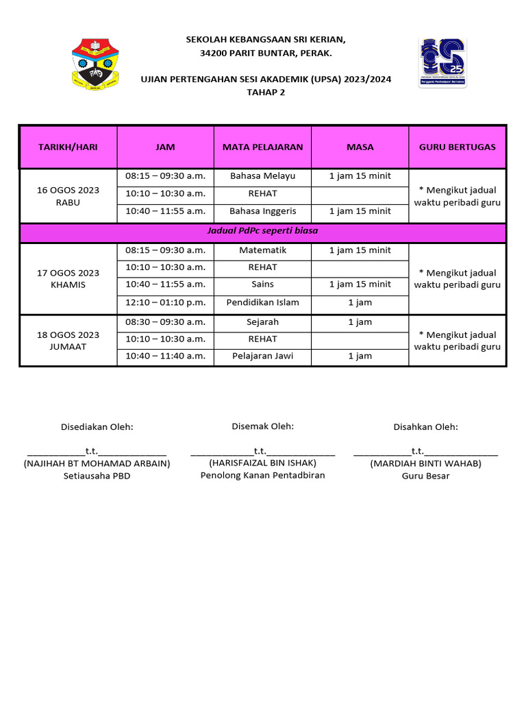 Jadual Ujian Pertengahan Sesi Akademik (Upsa) Tahap 2 A | PDF