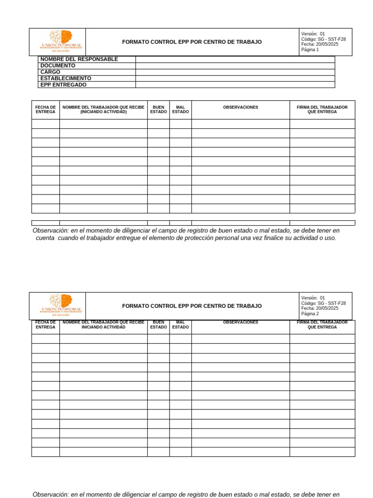 SG-SST-F28 Formato Control de Epp Por Centro de Trabajo | PDF