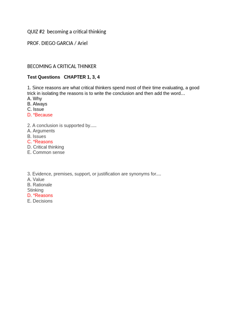 Critical Thinking Quiz Questions | PDF | Deductive Reasoning | Argument
