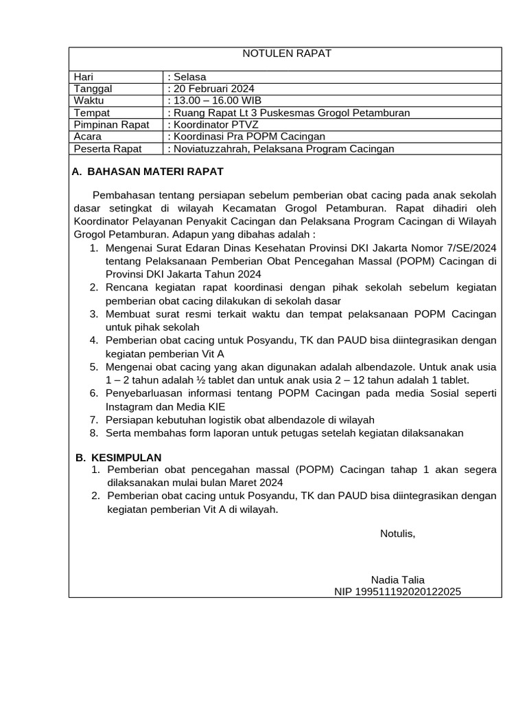 Notulen Rapat Monev DBD 2024 | PDF