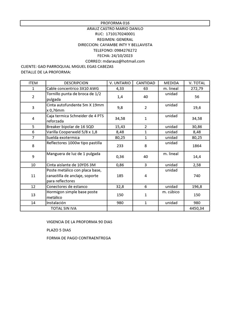 Proforma Gas Parroquial Miguel Egas | PDF