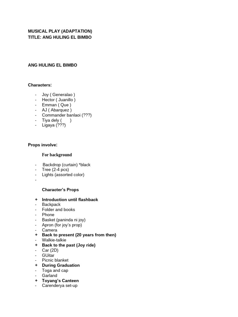 Musical Play HULING EL BIMBO Draft | PDF