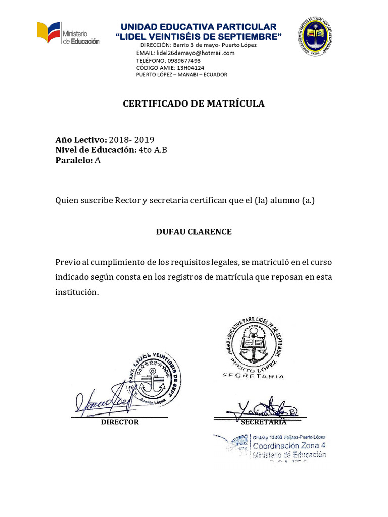 Certificado de Matrícula 4to A.B 2018-2019 | PDF