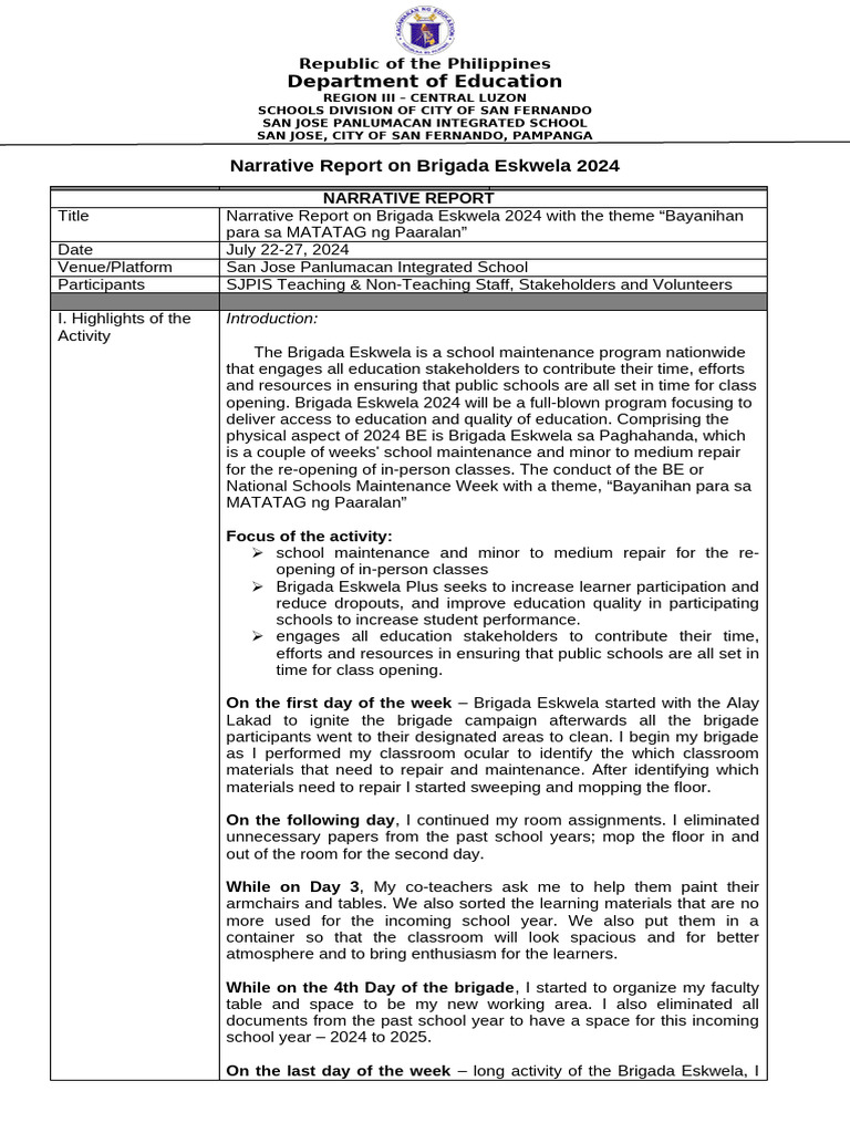 Obj-11_Narrative-Report-on-Brigada-Eskwela-24-25-PjManila | PDF | Learning