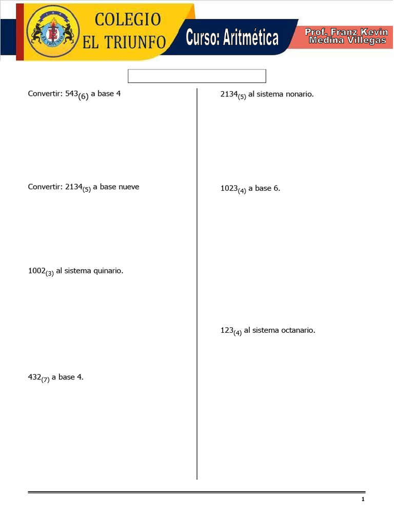 Separata - Semana 5 - Aritmética 1°sec - Ficha I - Sistemas de Numeración I | PDF