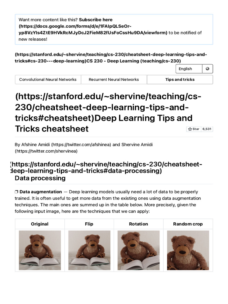 CS 230 - Deep Learning Tips and Tricks Cheatsheet | PDF | Deep Learning | Learning