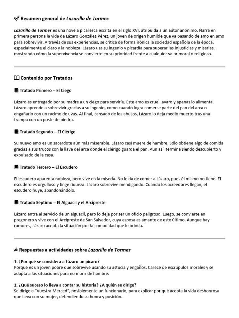 Resumen general de Lazarillo de Tormes | PDF