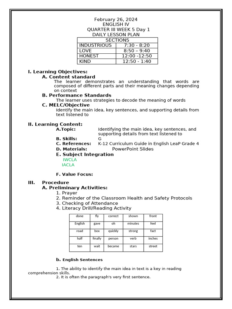 DLP ENGLISH Q3 WEEK5 - D1 - Main Idea | PDF | Reading Comprehension | Learning