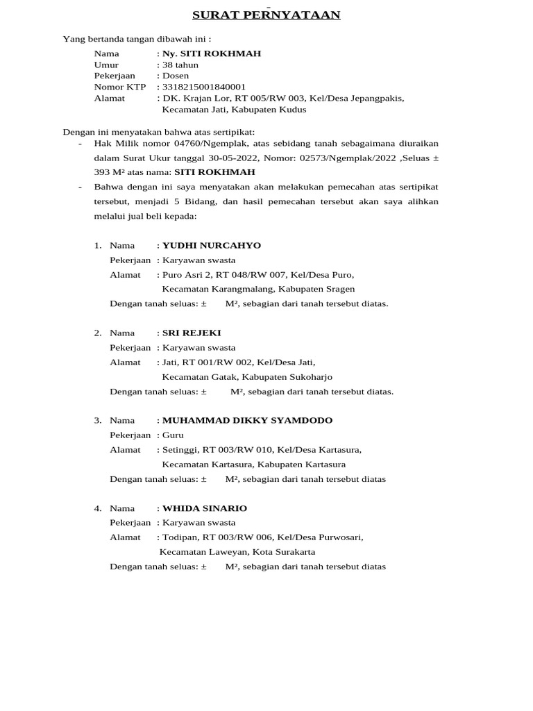 SURAT PERNYATAAN PENJUALAN SITI ROKHMAH | PDF