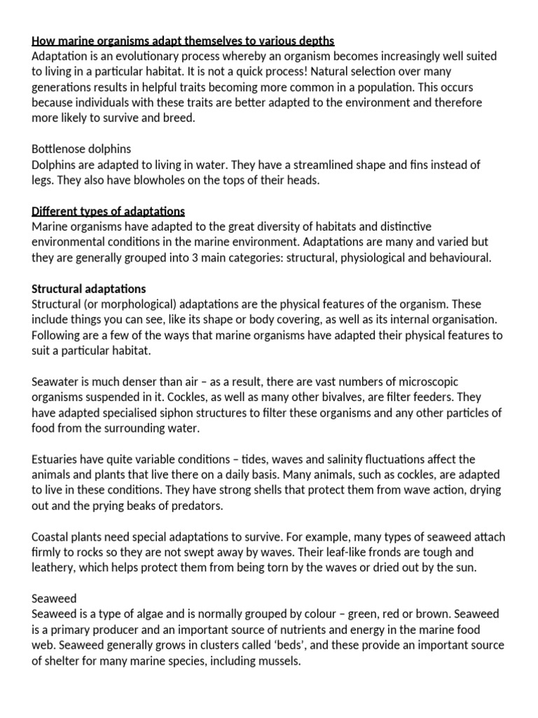 How Marine Organisms Adapt Themselves To Various Depths | PDF ...