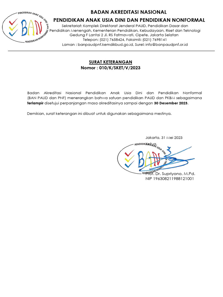 010-Surat Keterangan Perpanjangan Akreditasi Tahun 2023 | PDF