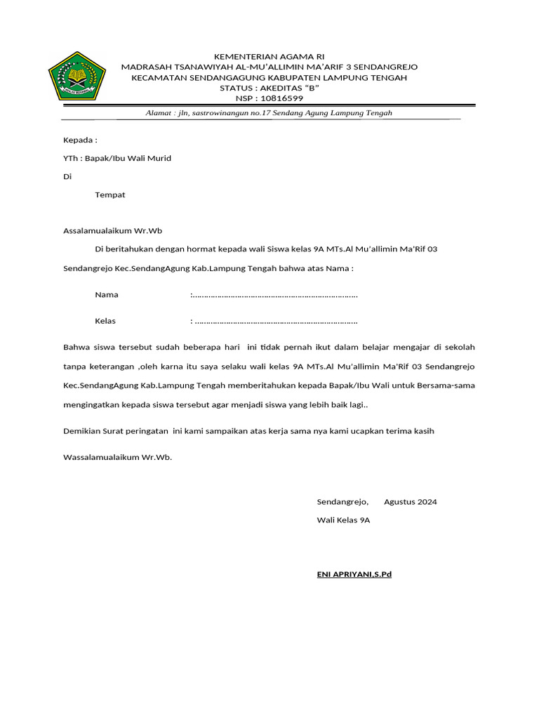 Surat Pemberitahuan Siswa | PDF