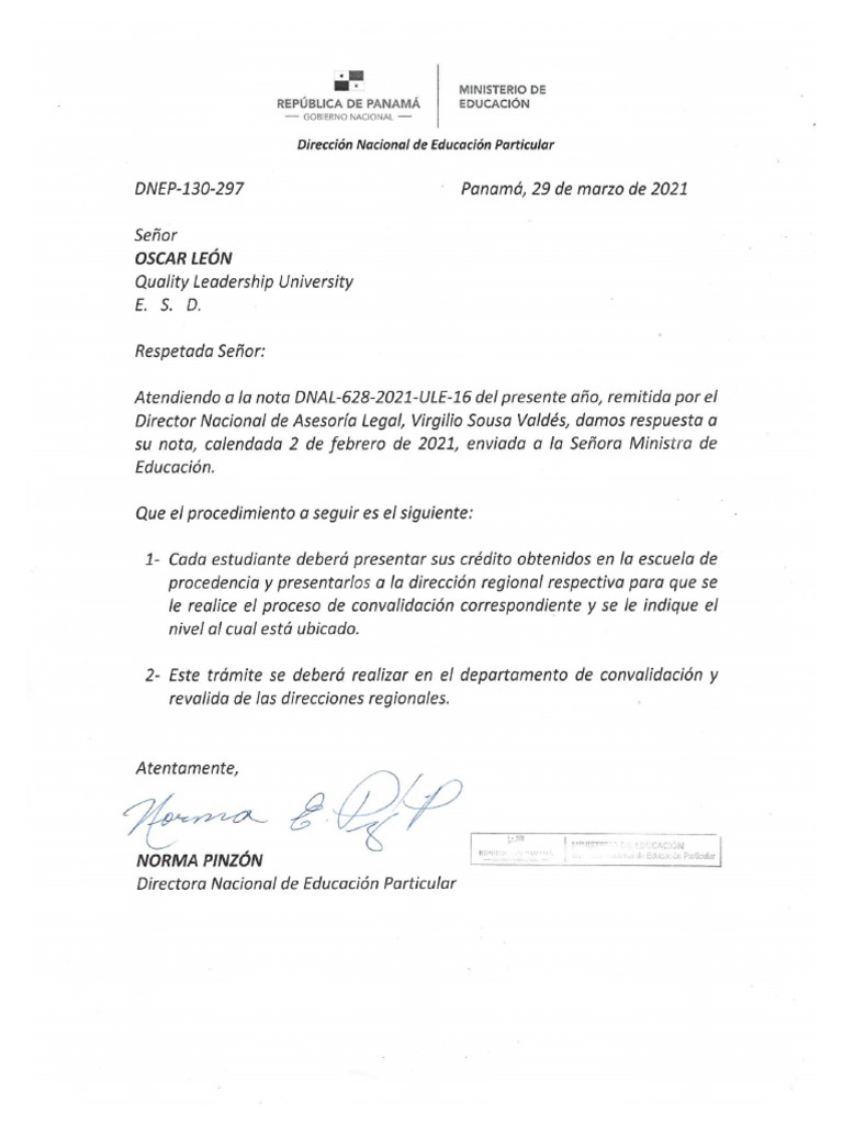 Carta de Respuesta de MEDUCA Sobre Proceso de Convalidacion de Estudios | PDF