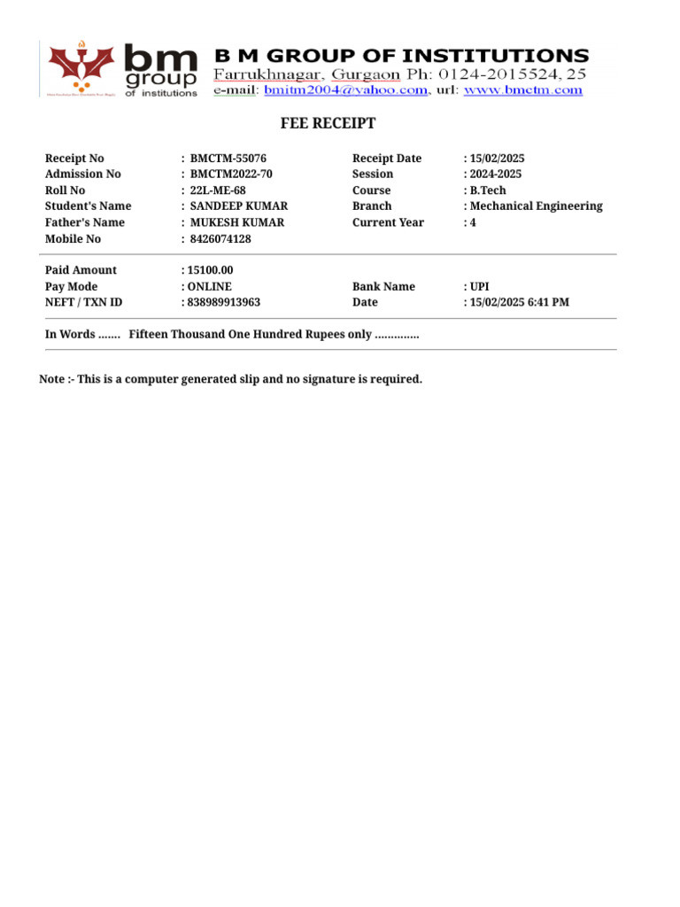 BM Group of Institution Gurgaon - Online Receipt | PDF