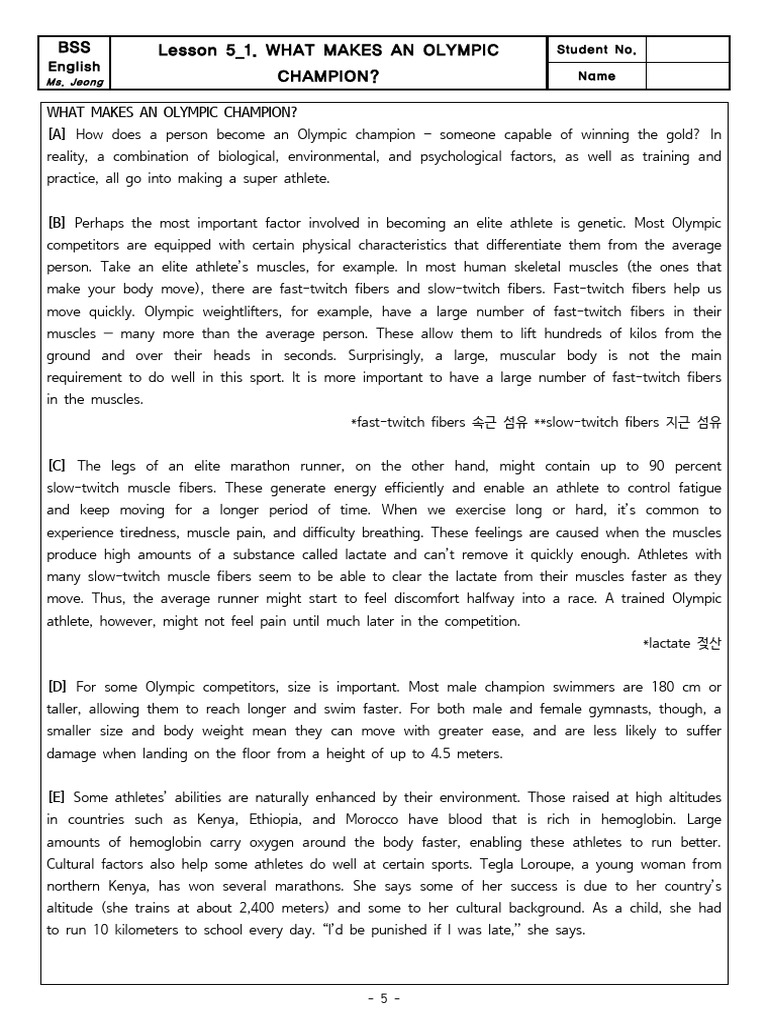 Lesson5 - 1 WHAT MAKES AN OLYMPIC CHAMPION (p5-6) - 본문 | PDF | Skeletal Muscle | Running