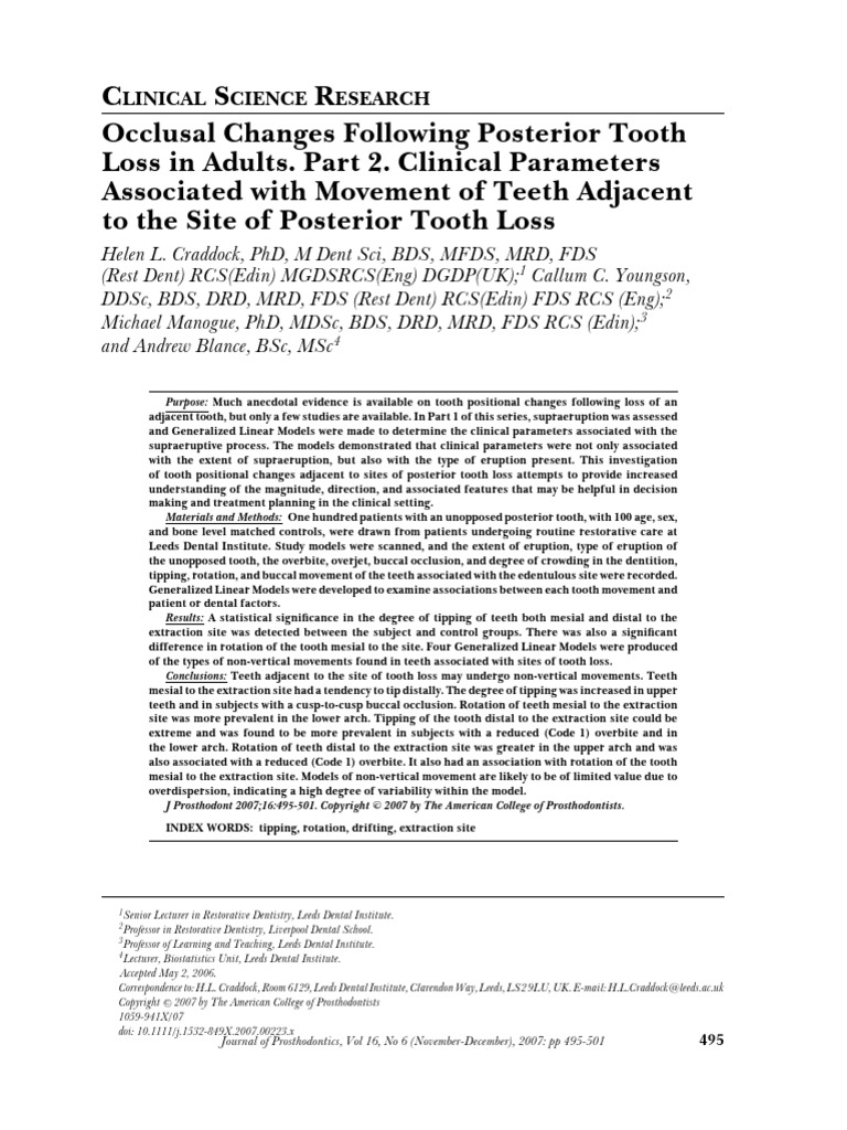 Occlusal Changes Following Posterior Tooth Loss in Adults. Part 2 ...