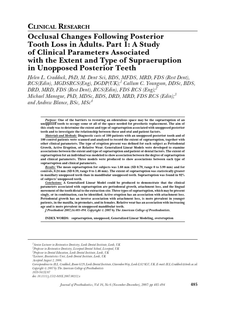 Occlusal Changes Following Posterior Tooth Loss in Adults. Part 1 A ...