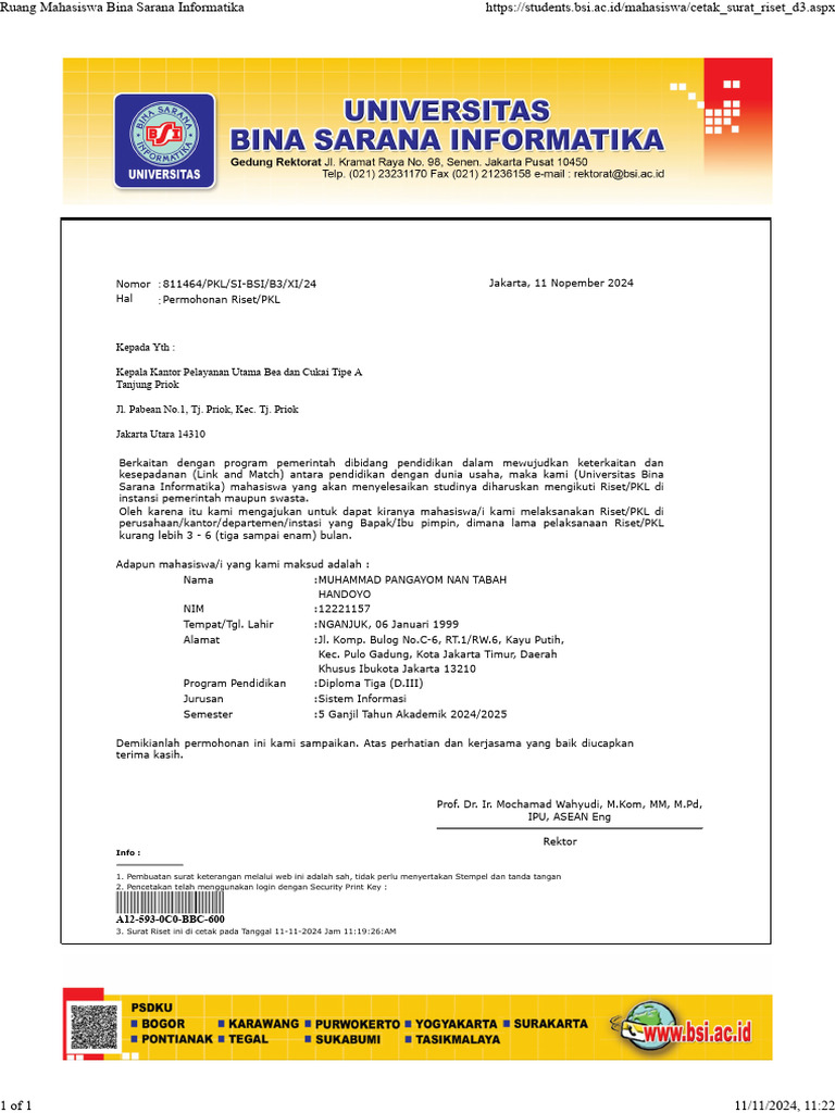 Surat Permohonan PKL BSI | PDF