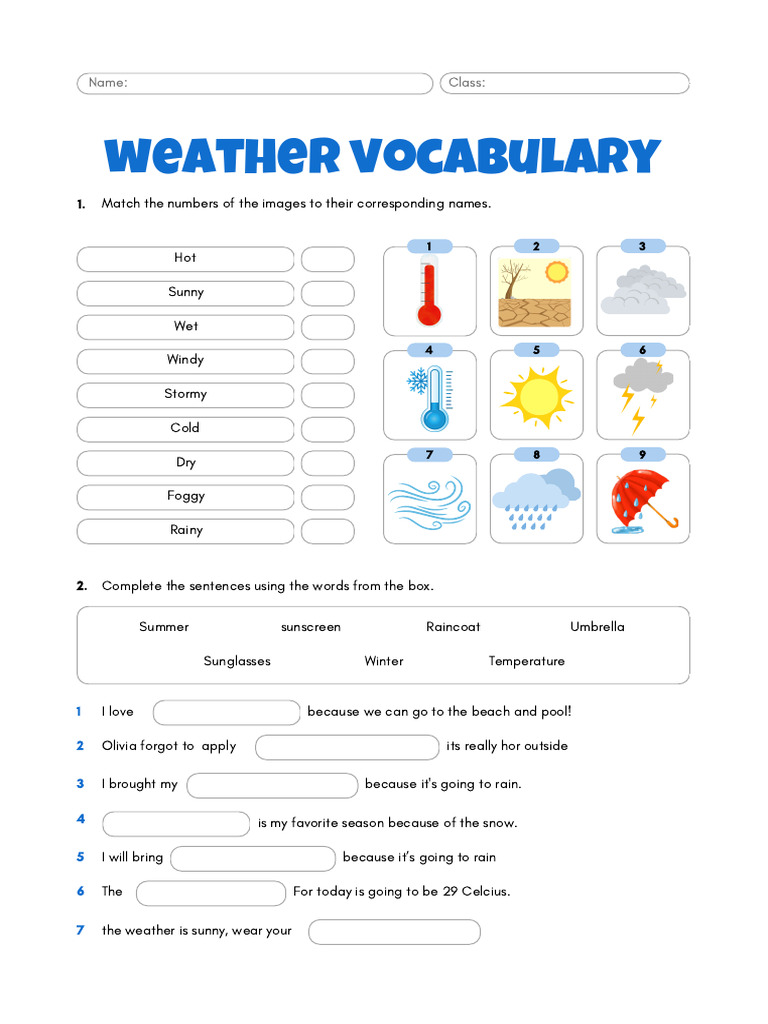 Weather Vocabulary Worksheet in Blue Simple Style | PDF