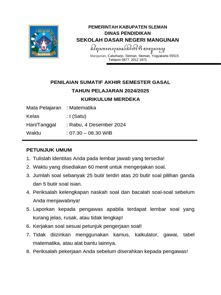 2746_Naskah Soal Matematika PSAS Sem 1 Kelas 1 (1) | PDF