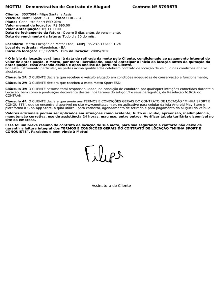Contrato de Locação Mottu Sport ESD | PDF