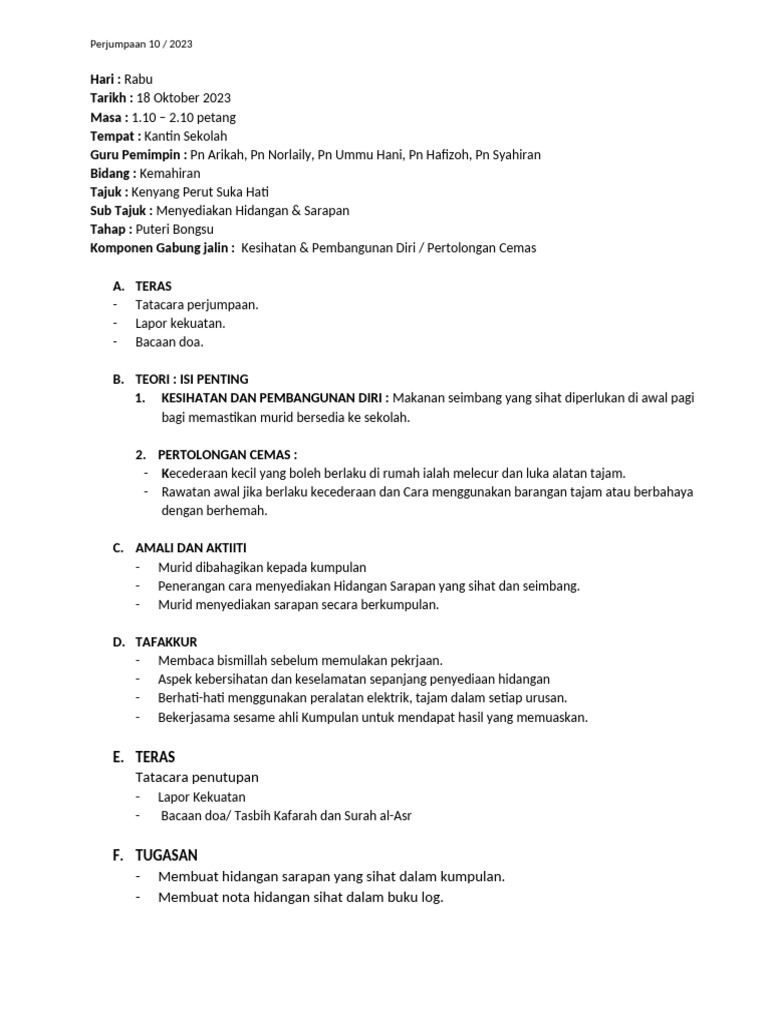 Catatan Perjumpaan 10 - 18.10.23 - Masakan Ppim PBSM | PDF