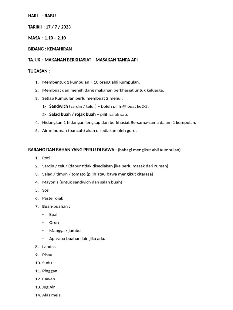 Catatan Perjumpaan 10 - 18.10.23 - Masakan Ppim - PBSM | PDF