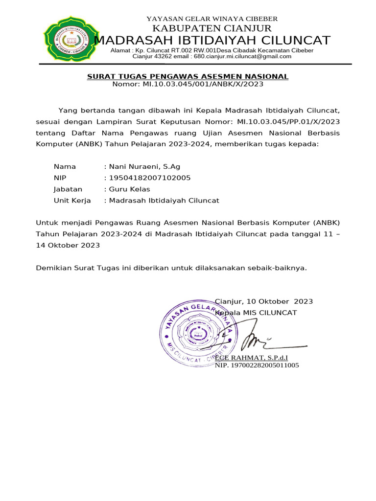 Surat Tugas Pengawas Anbk Bu Neng | PDF