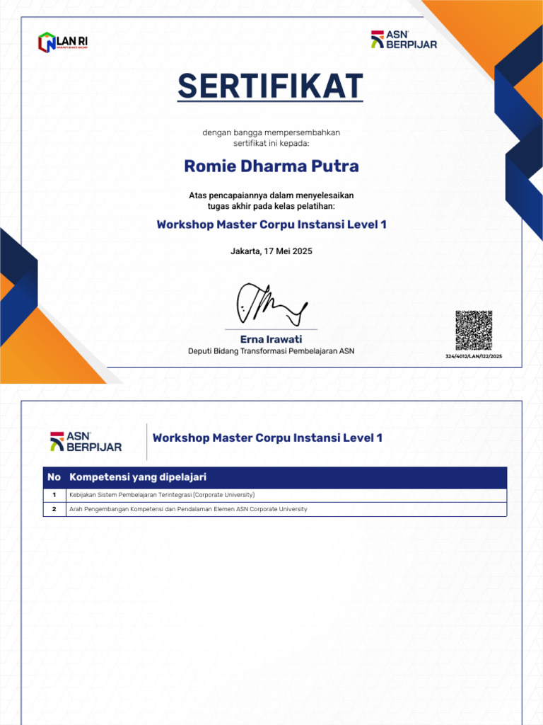 Sertifikat - Kelas Workshop Master Corpu Instansi Level 1 - Romie Dharma Putra, ST. | PDF