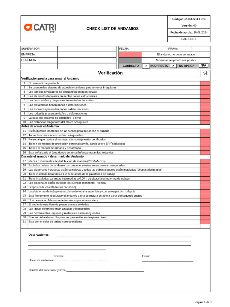 SSYMA P15.02 F01 Check List de Andamios V3 | PDF | Andamio