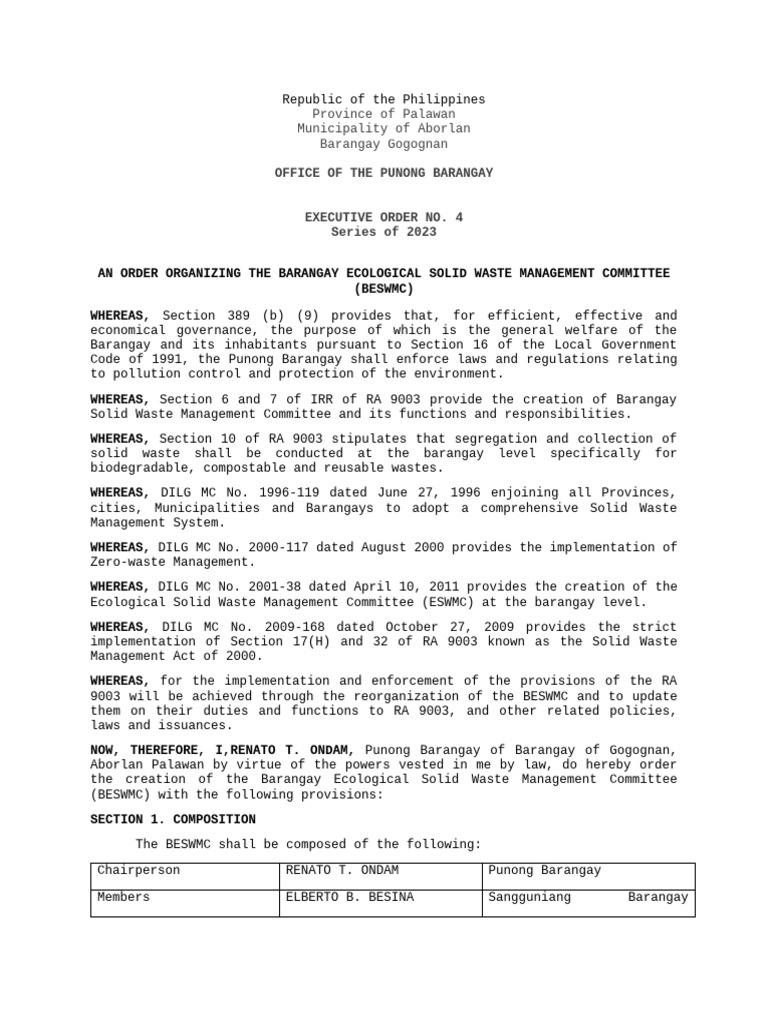 4. BARANGAY ECOLOGICAL SOLID WASTE MANAGEMENT | PDF | Waste Management ...