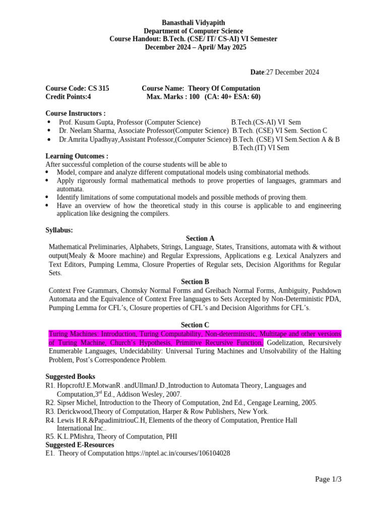 Theoryhandout Btech Cse It Cs-Ai Cs305 Toc | PDF | Automata Theory | Theory Of Computation