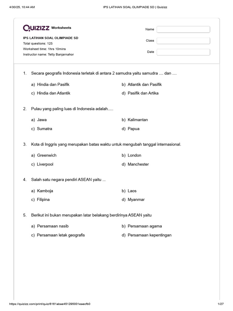 IPS LATIHAN SOAL OLIMPIADE SD - Quizizz | PDF