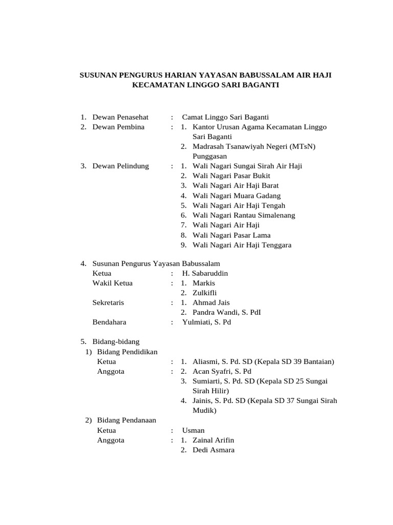 SUSUNAN PENGURUS HARIAN YAYASAN BABUSSALAM AIR HAJI KECAMATAN LINGGO SARI BAGANTI | PDF
