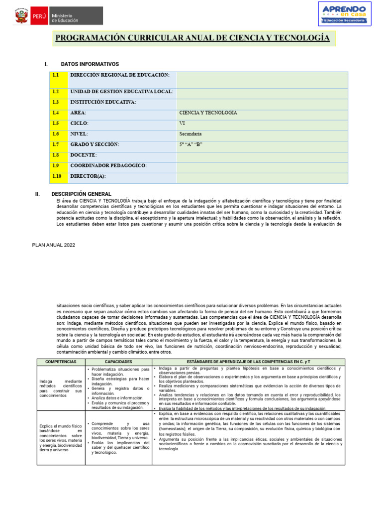 PROGRAMACION ANUAL CyT 5TO | PDF | Sustentabilidad | Aprendizaje