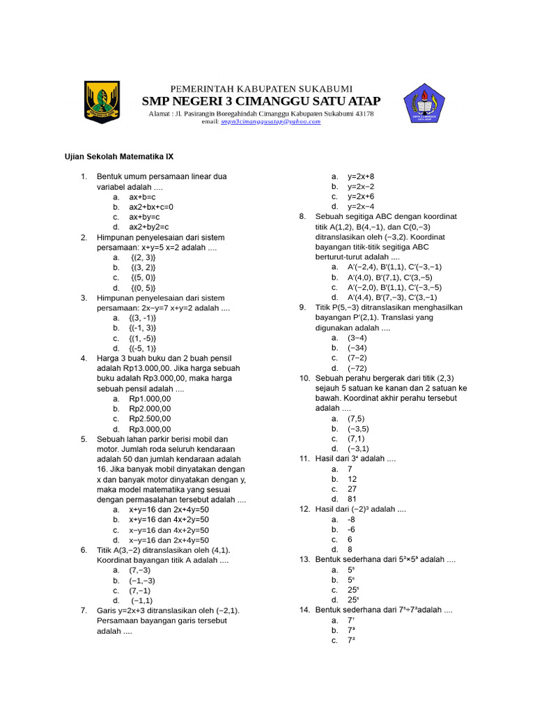 Soal Pilihan Ganda US MTK 25 Fiks | PDF