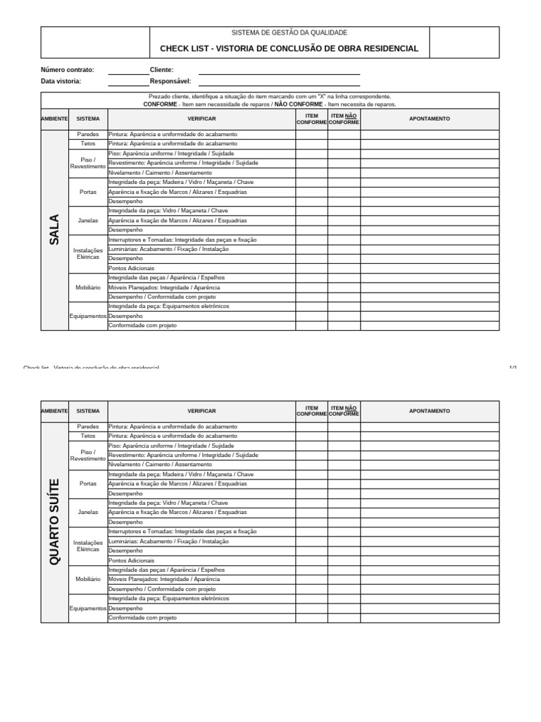 Check List - Vistoria de Conclusão de Obra Residencial | PDF | Chuveiro ...