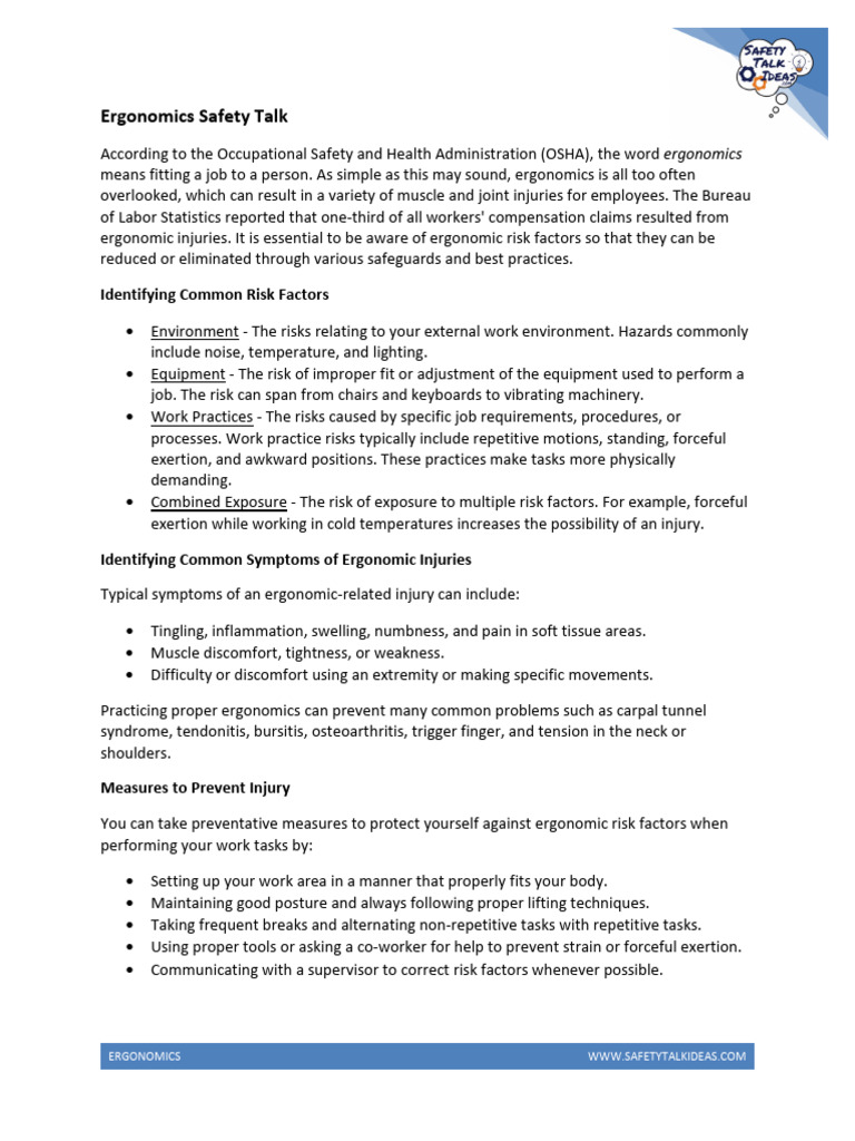 Ergonomics Toolbox Talk Overview | PDF | Workplace | Diseases And Disorders