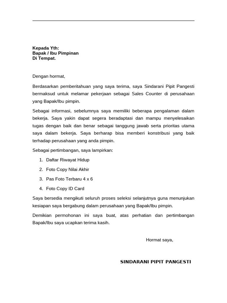 Surat Lamaran & CV Sindarani Pipit | PDF