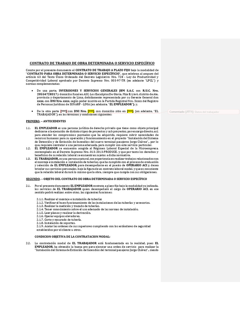Contrato de Trabajo de Obra Determinada o Servicio Específico - Operario Aci | PDF | Derecho ...