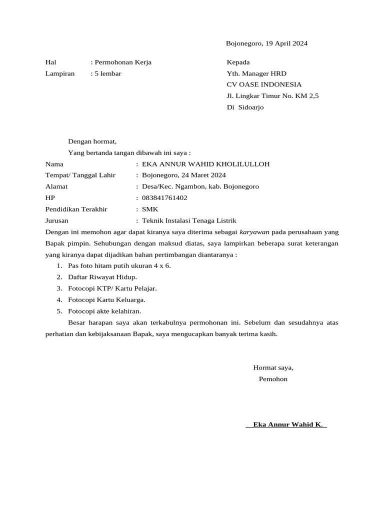 Surat Lamaran Eka | PDF