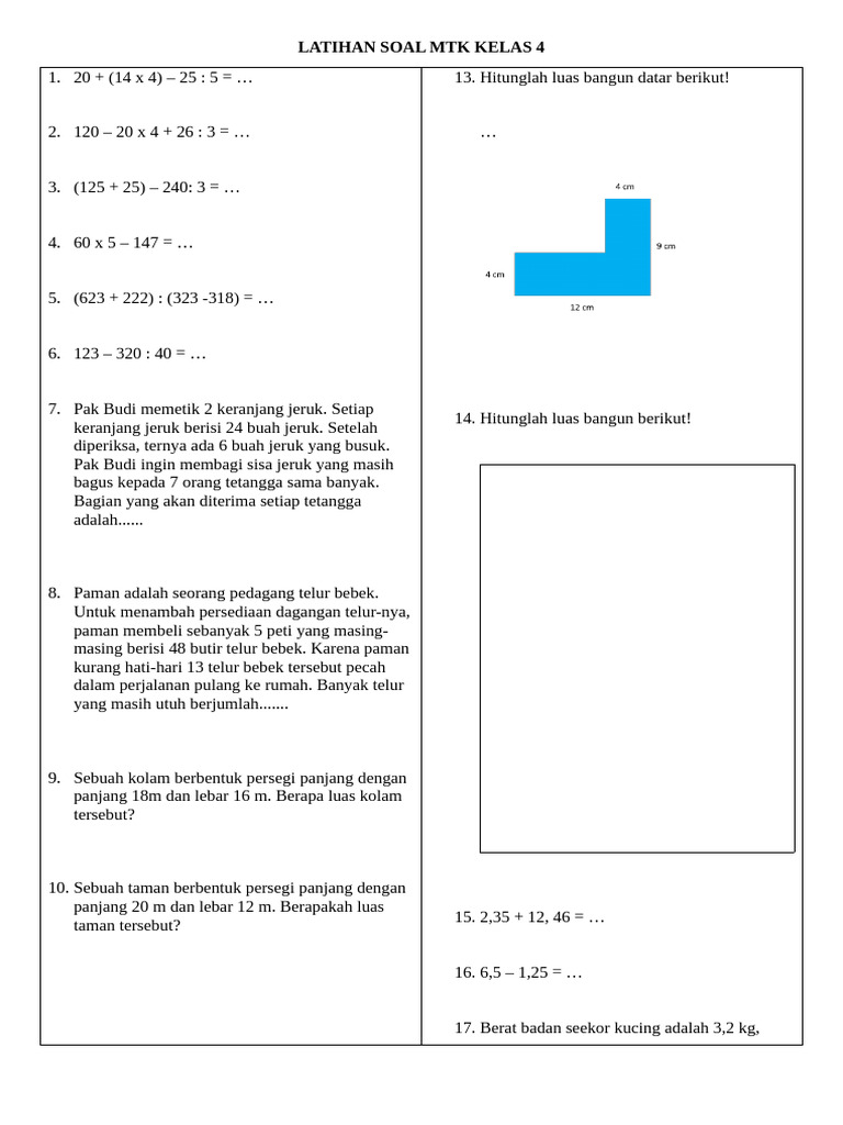 Latihan Soal MTK Kelas 4 | PDF