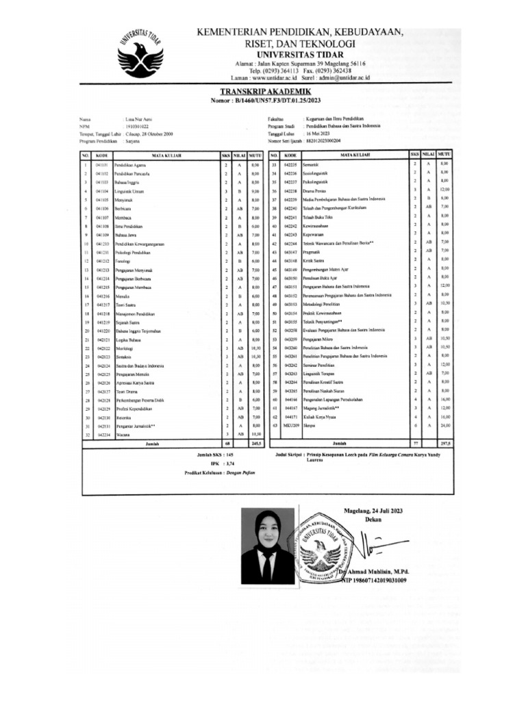 Transkip Nilai Lina Nur Aeni | PDF