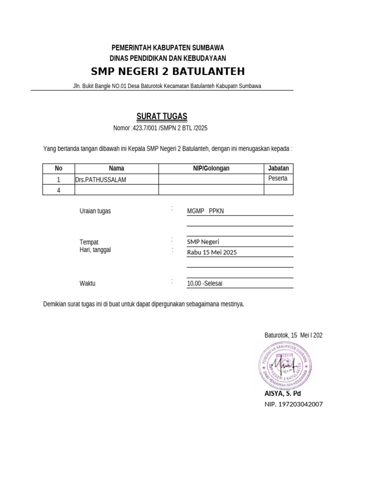 Surat Tuga MGMP S Pathussalam 2025 | PDF