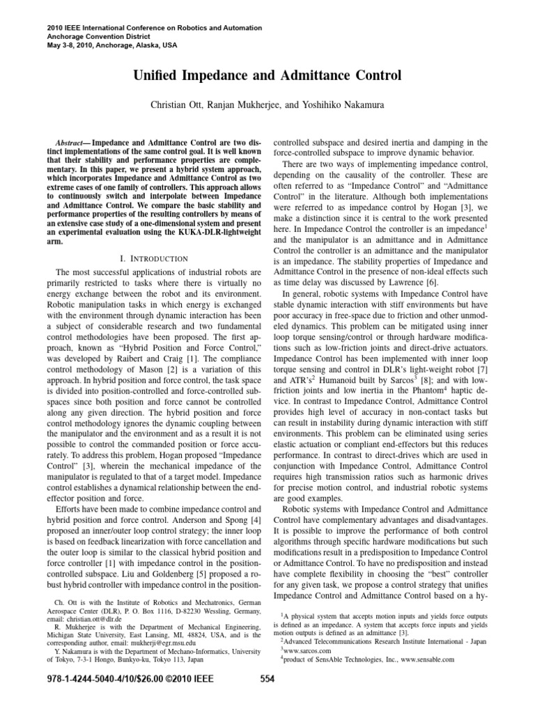 Unified Impedance and Admittance Control | PDF | Mechanics | Mechanical Engineering