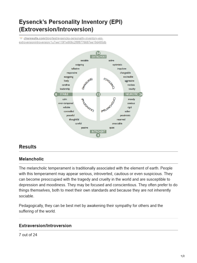 Eysencks Personality Inventory EPI ExtroversionIntroversion | PDF ...