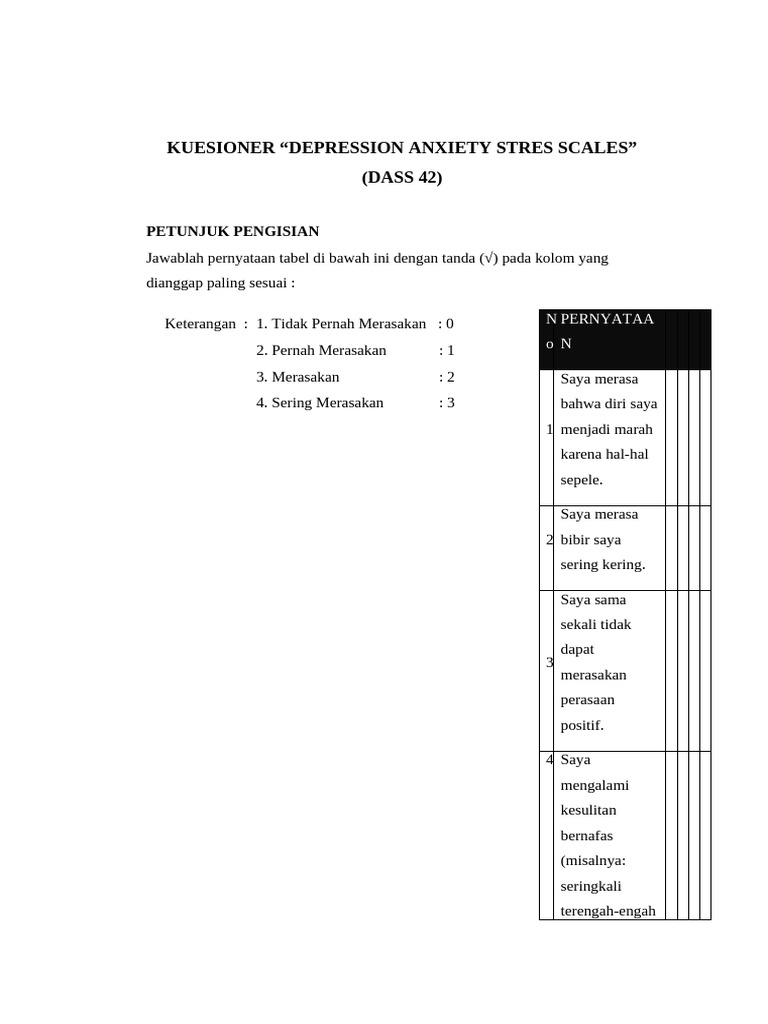 Kuesioner DASS 42 untuk Kesehatan Mental | PDF