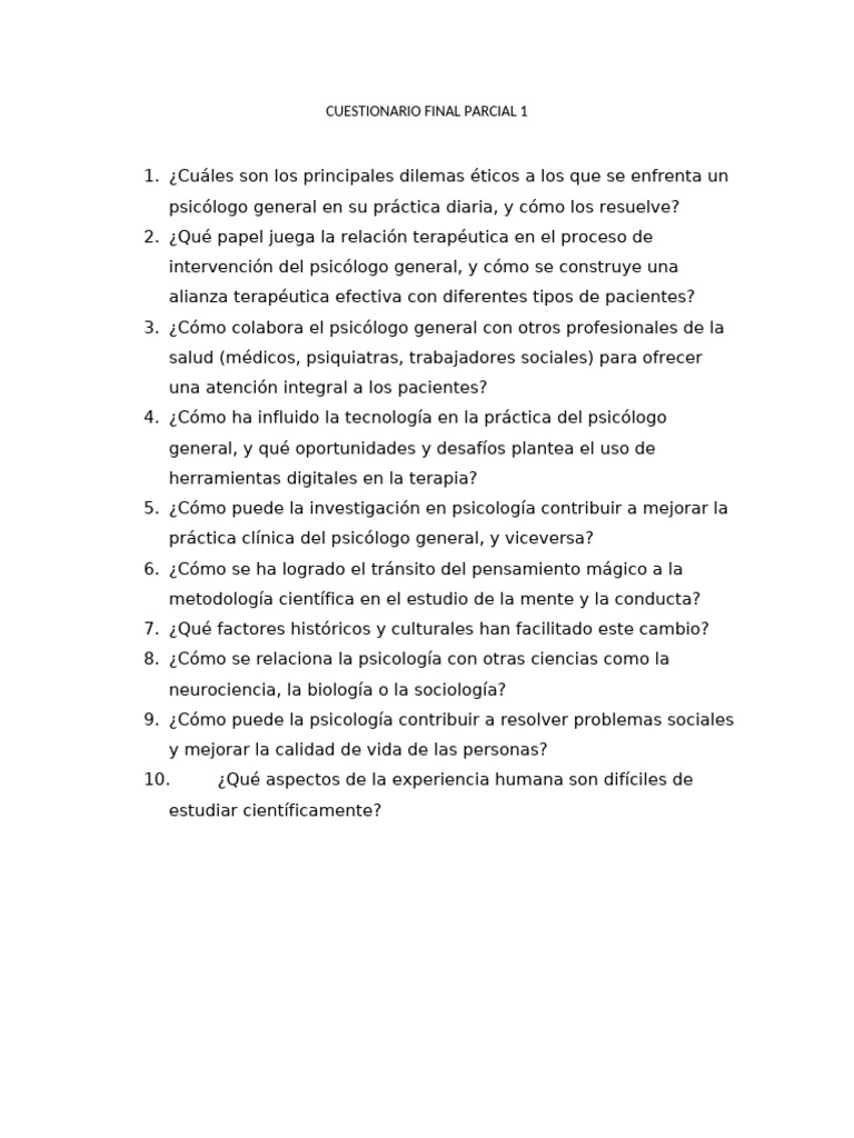 CUESTIONARIO FINAL PARCIAL 1 | PDF