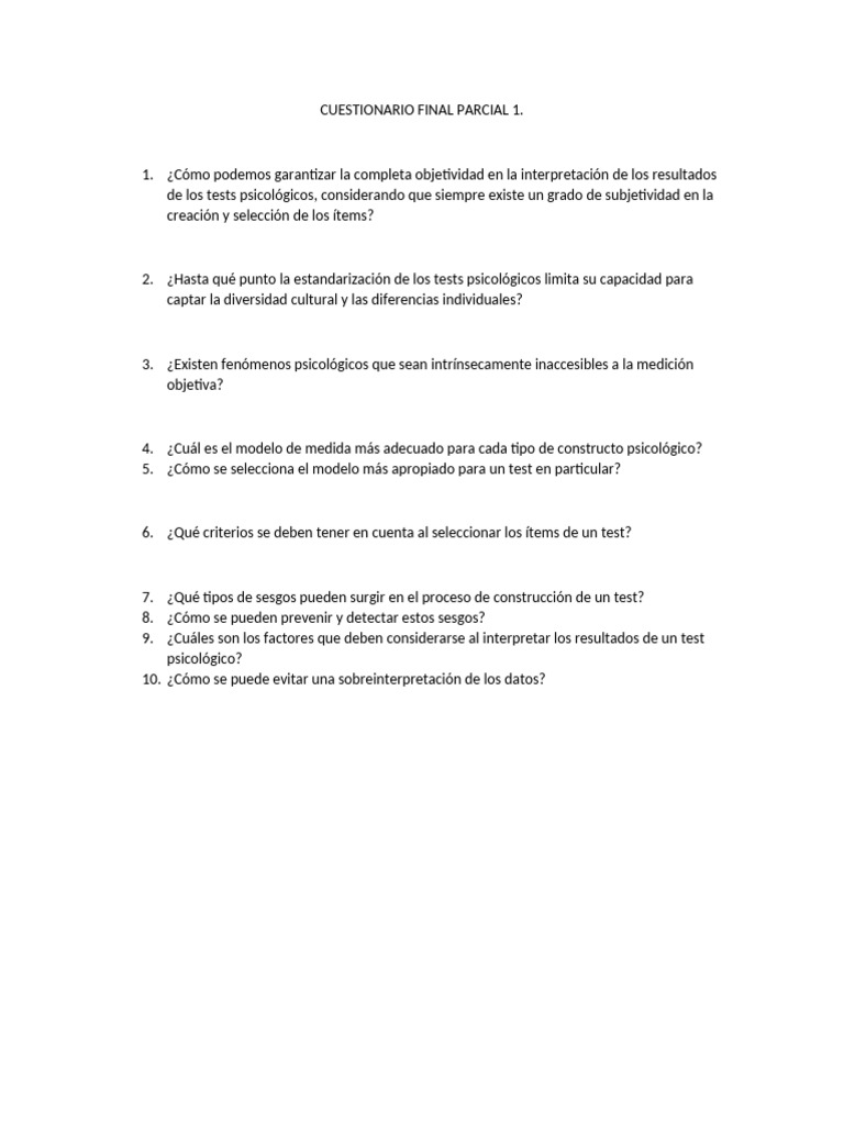 Cuestionario Final Parcial 1 - Eval2 | PDF